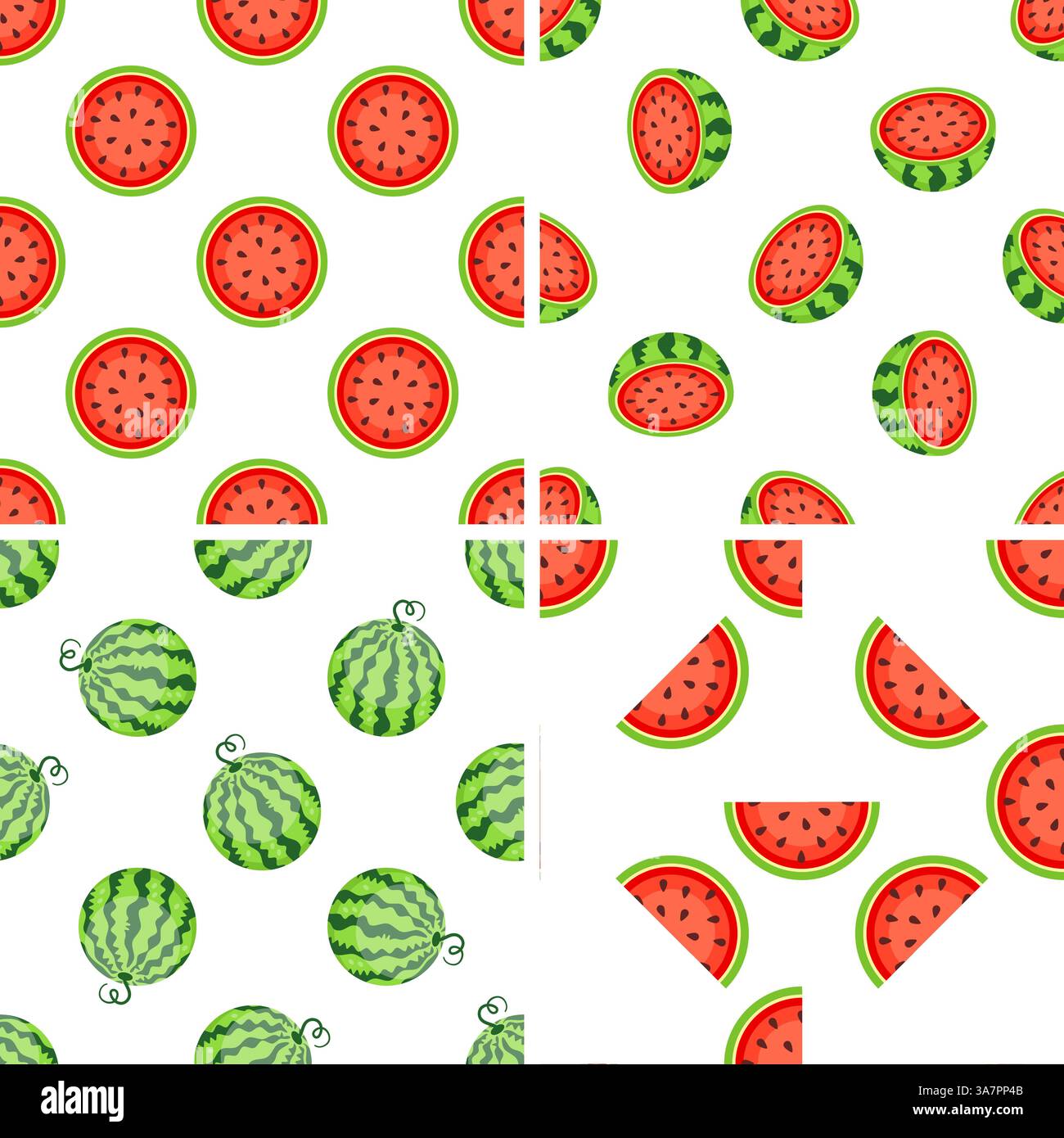 Four summer seamless patterns with whole, sliced and halved watermelons on white background ...