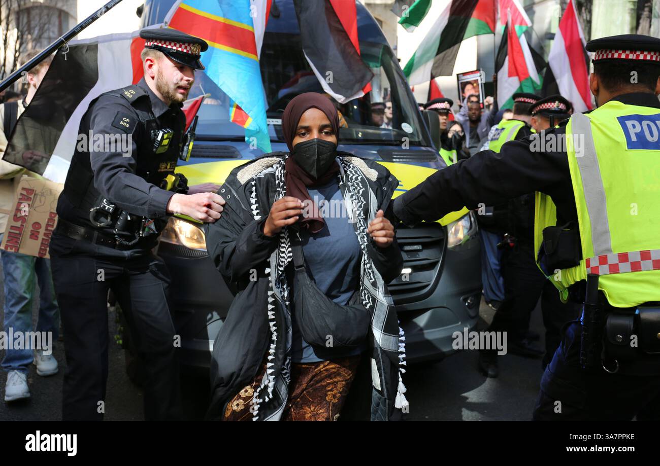 March 27, 2025, London, England, UK: A protester is grabbed by police ...