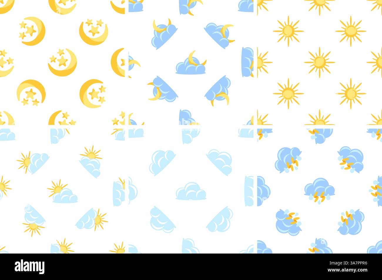 Seamless patterns representing day, night, clouds, sun and thunder ...