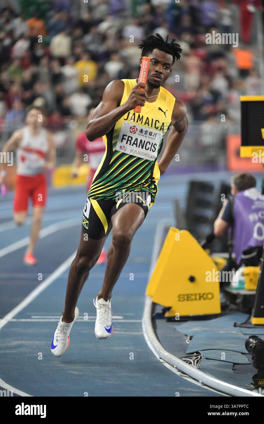 Demar Francis of Jamaica competing in the men’s 4x400m relay at the ...