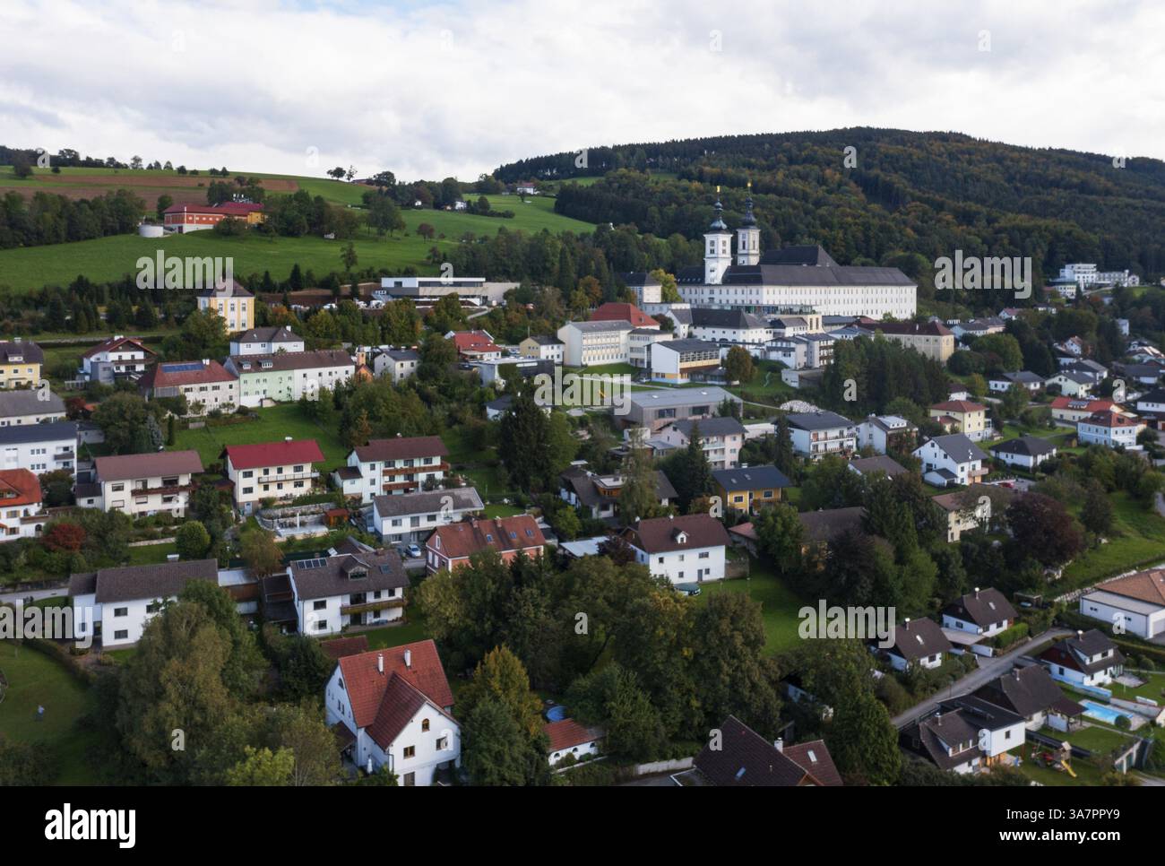 Drone image, view of the village with Cistercian monastery Schlierbach ...