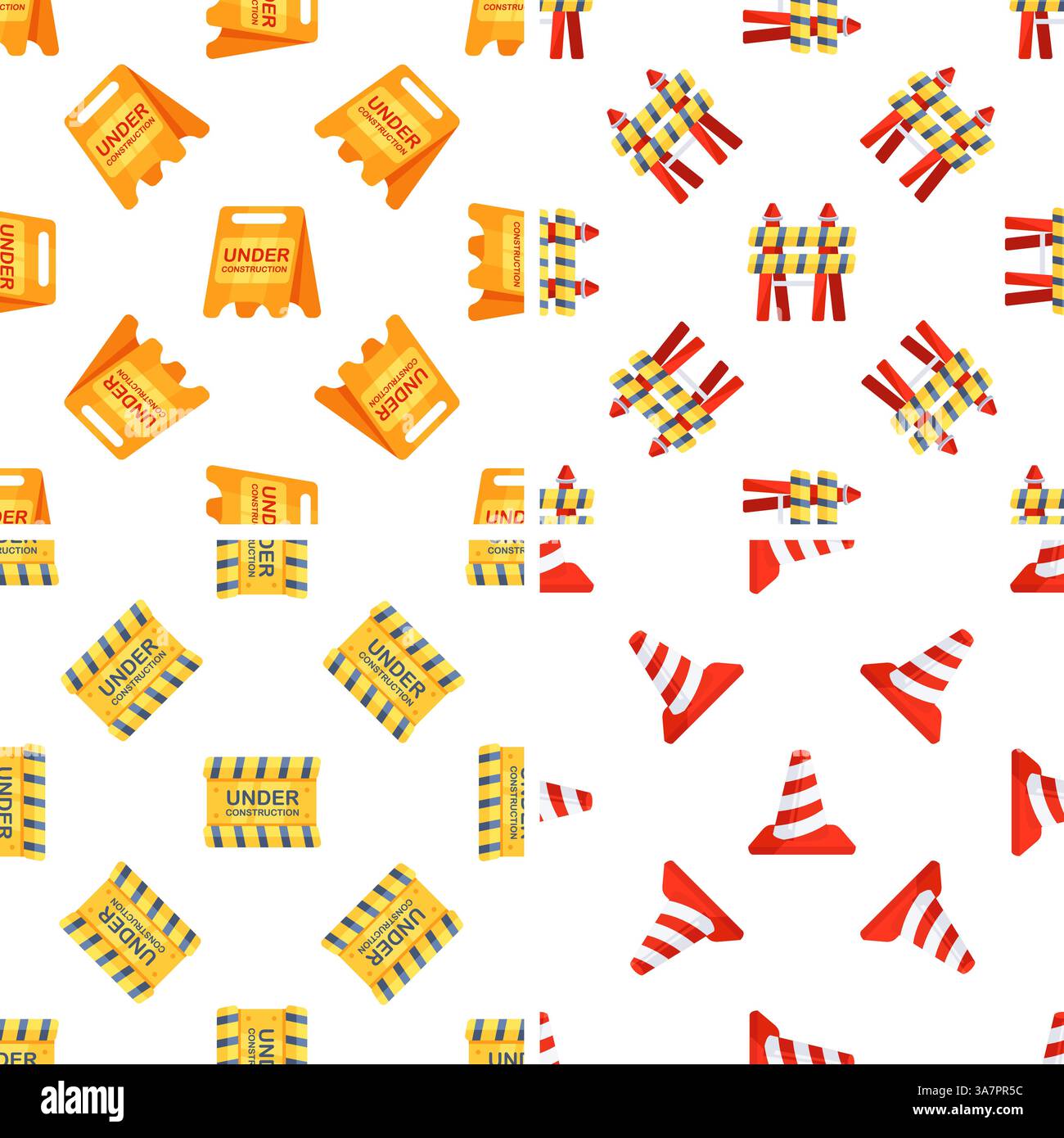 Under Construction Signs Seamless Pattern Showing Roadblock, Cones and ...