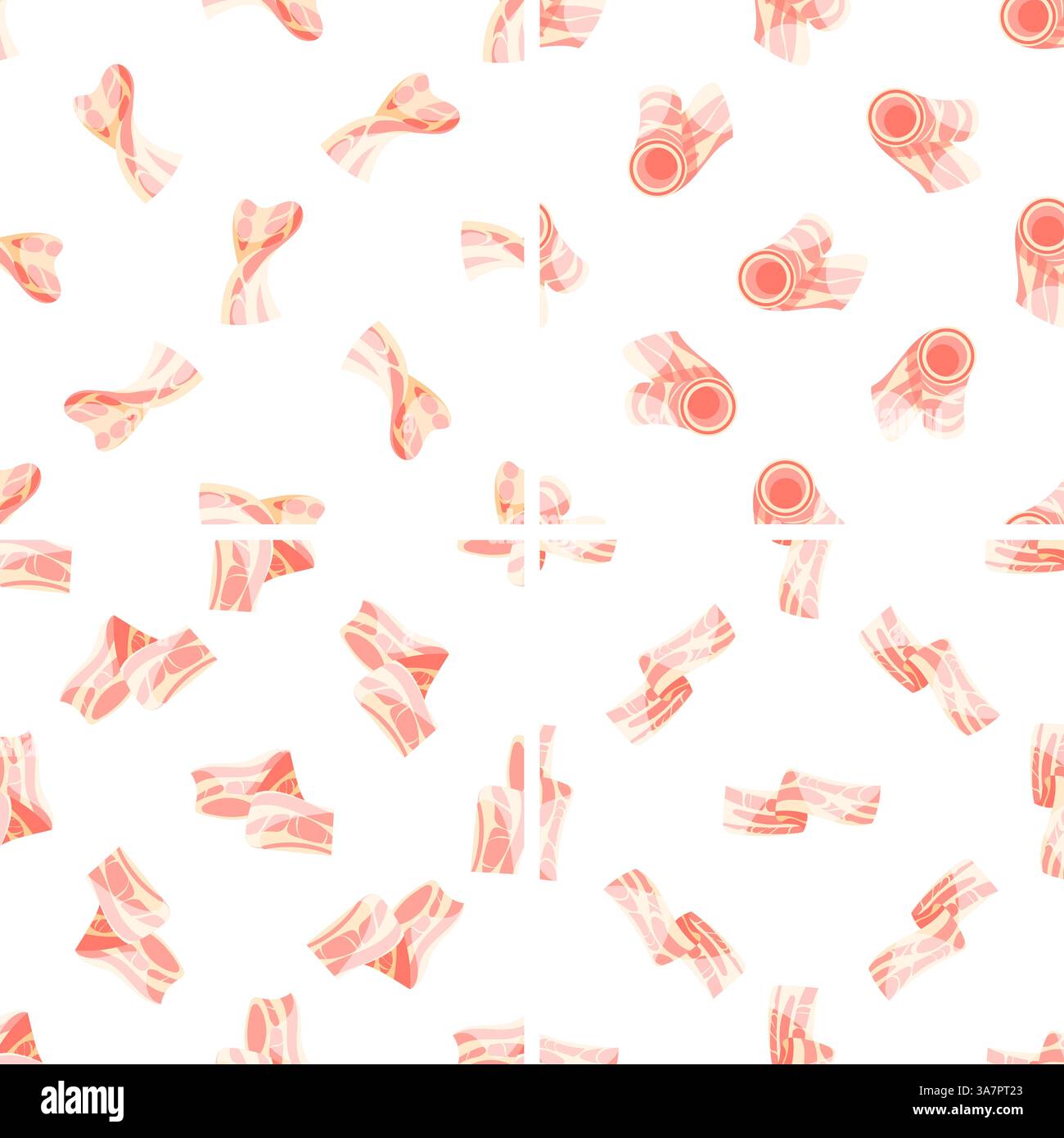 Seamless pattern with bacon slices rolling and unfolding on white ...