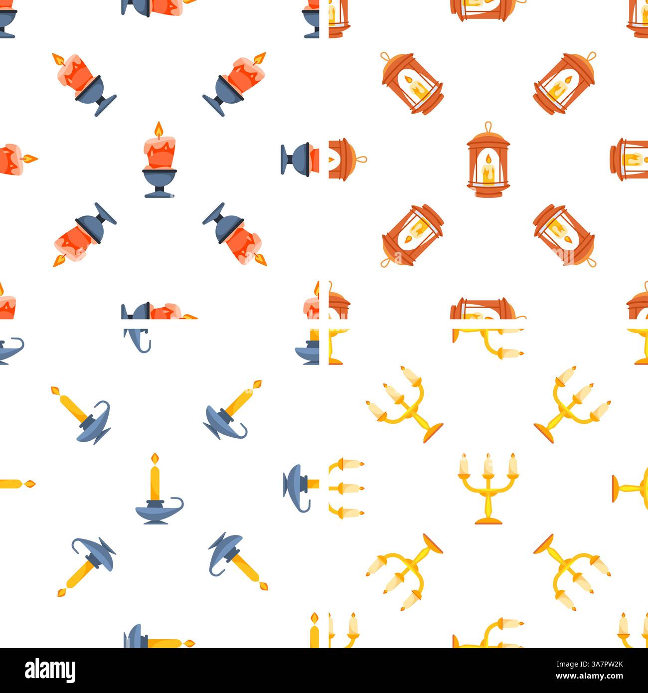 Seamless pattern with burning candles, candle holders, lanterns, and ...