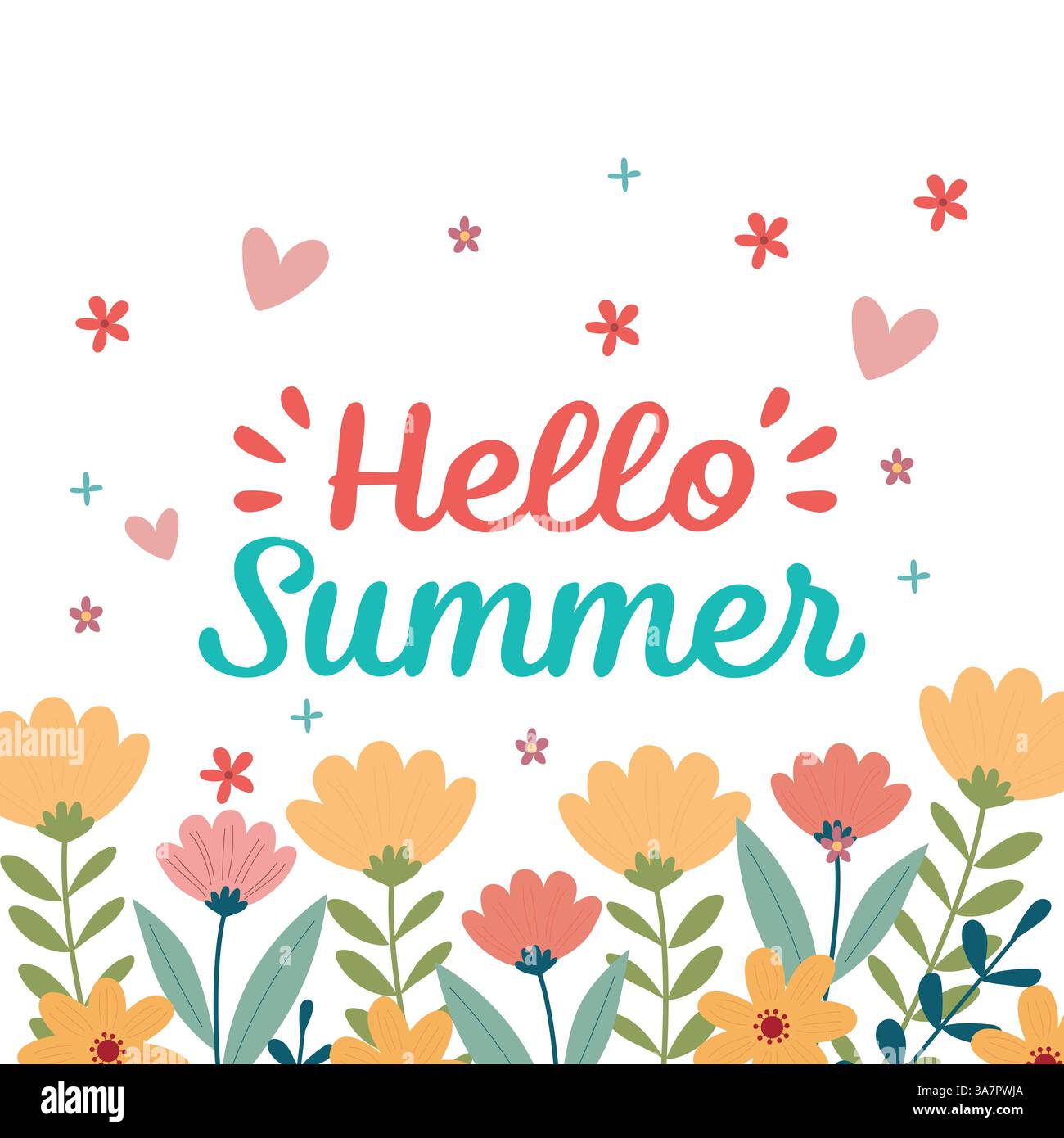 Hello summer floral vector illustration with flowers and hearts Stock ...