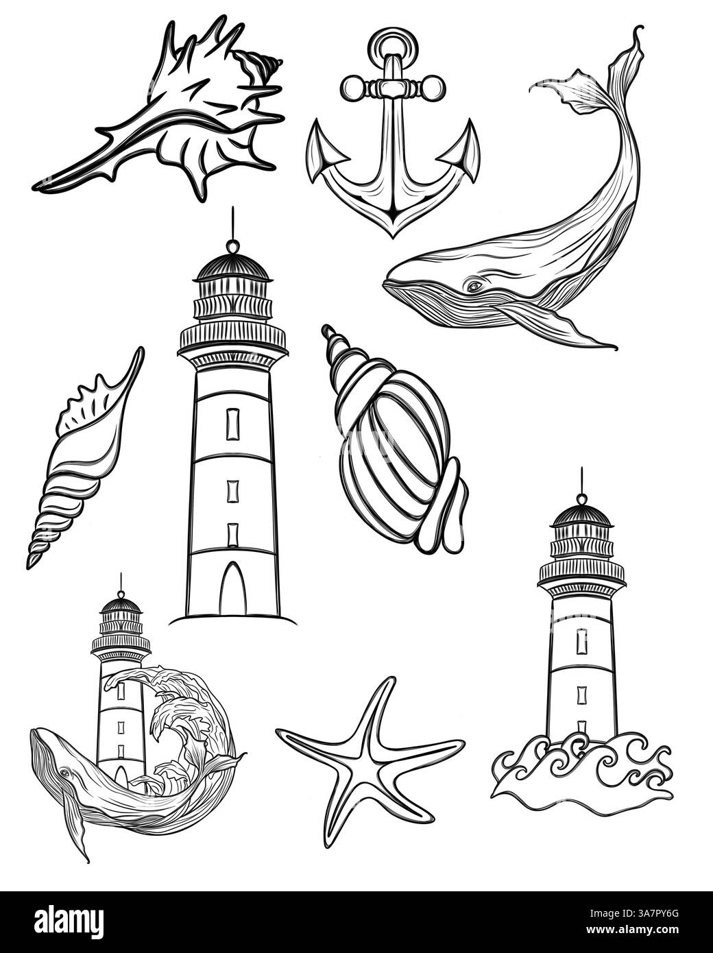 Large set of beautiful marine stickers - detailed Line Art design ...