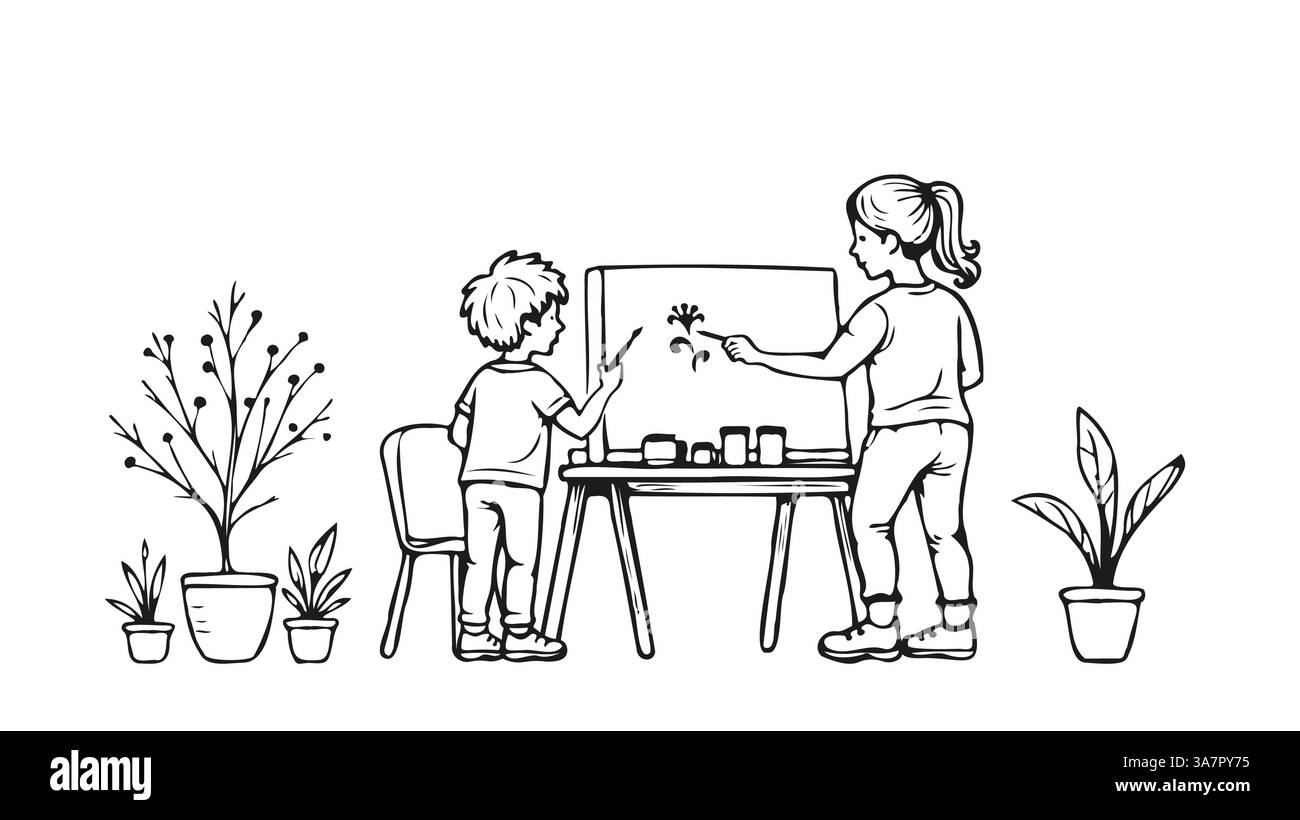 Kids drawing picture. Teacher shows art lesson. Education learning ...