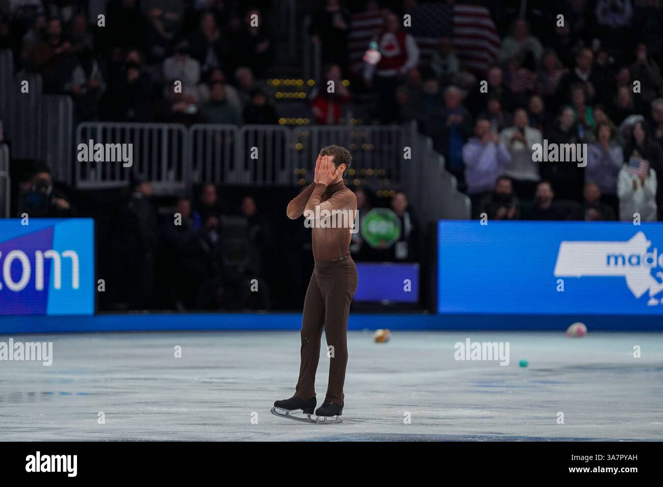 Jason Brown of the United States reacts tp the crowd after he performs ...