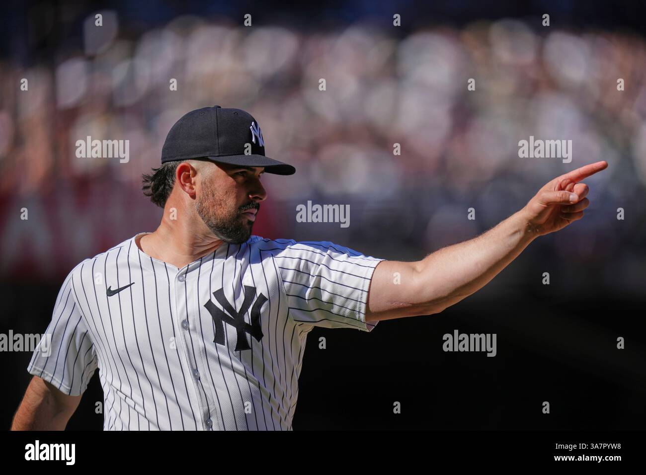 New York Yankees pitcher Carlos Rodón reacts to an out during the first ...