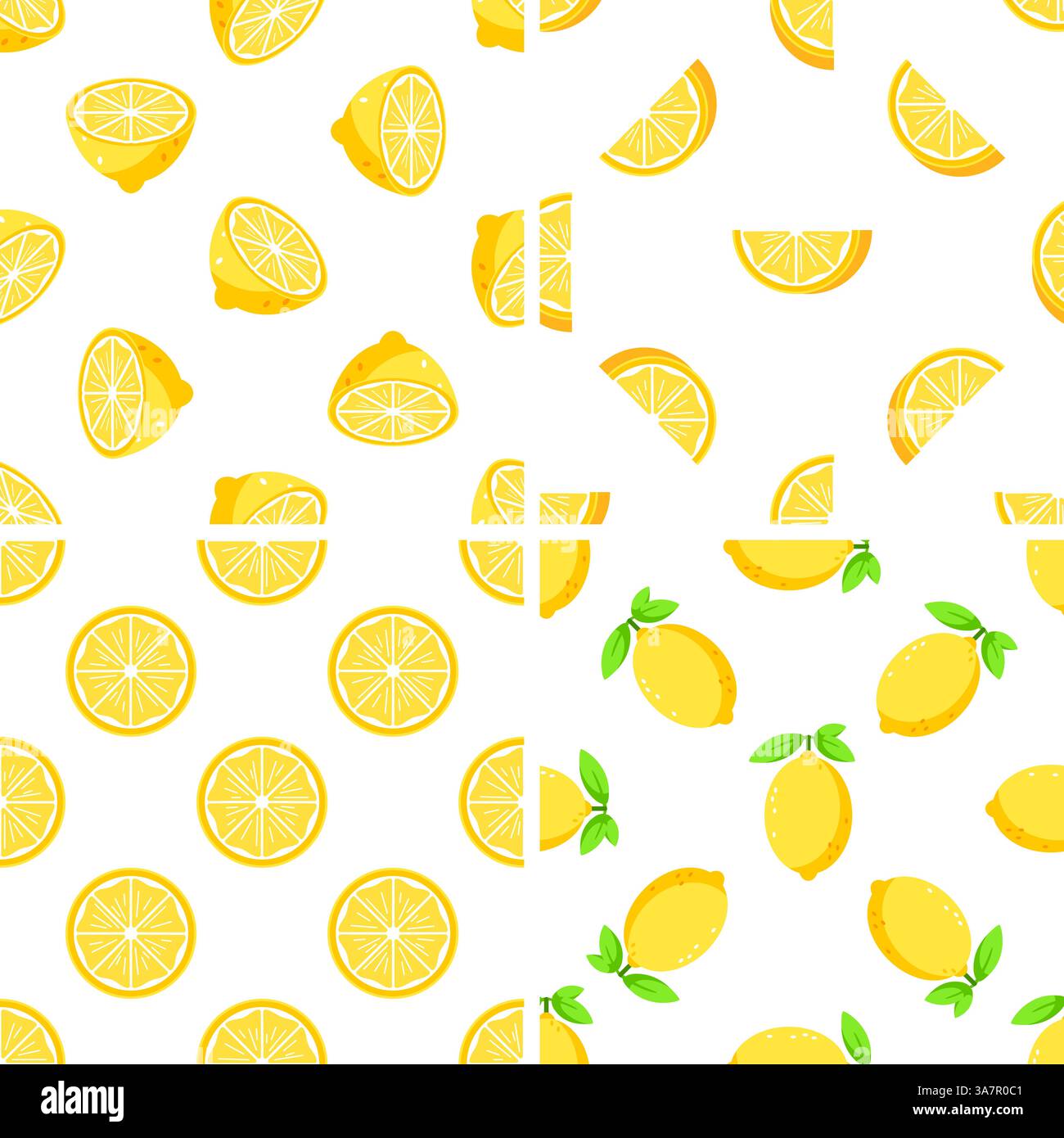 Seamless pattern with fresh lemons, halves, and slices showing the juicy pulp Stock Vector Image ...