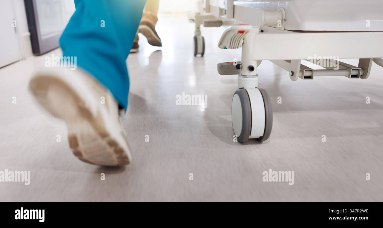 Running, hospital and doctors with stretcher for emergency, surgery and ...