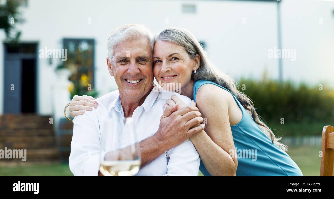 Portrait, senior couple and hug on date with romance, love and partner ...