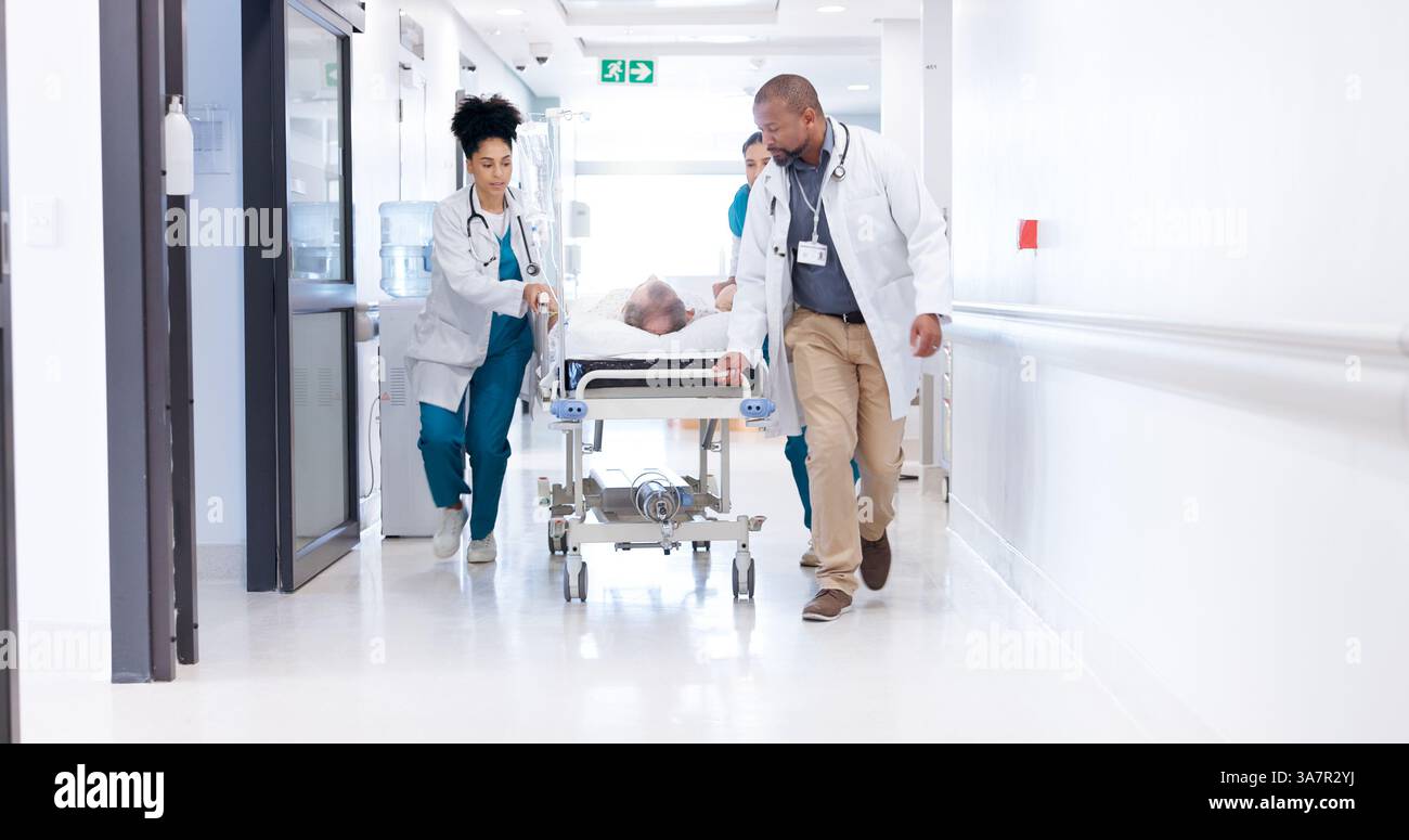 Running, hospital and doctors with bed for emergency, surgery and help ...