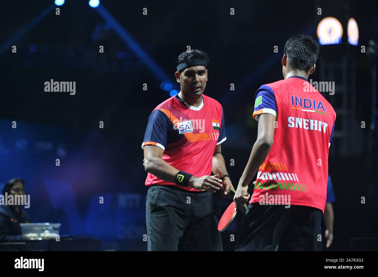 Chennai, India. 27th March, 2025. Indian pair Sharath Achanta and ...