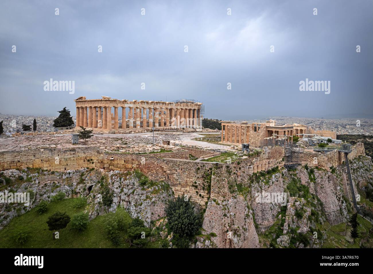 Aerial view of the Acropolis of Athens, with the Parthenon and Erechtheion, the most emblematic ...