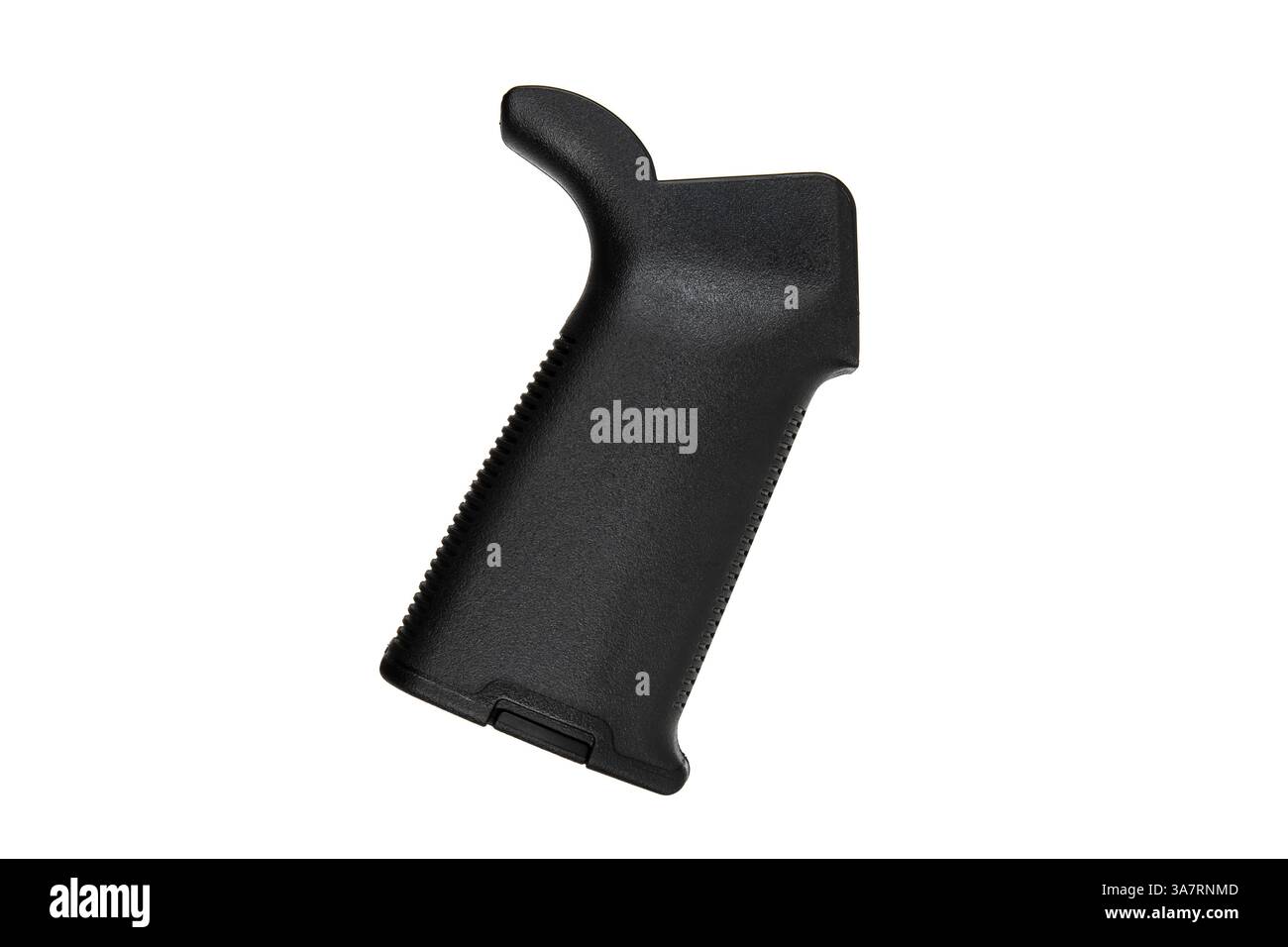 Black polymer pistol grip with an ergonomic and textured design ...