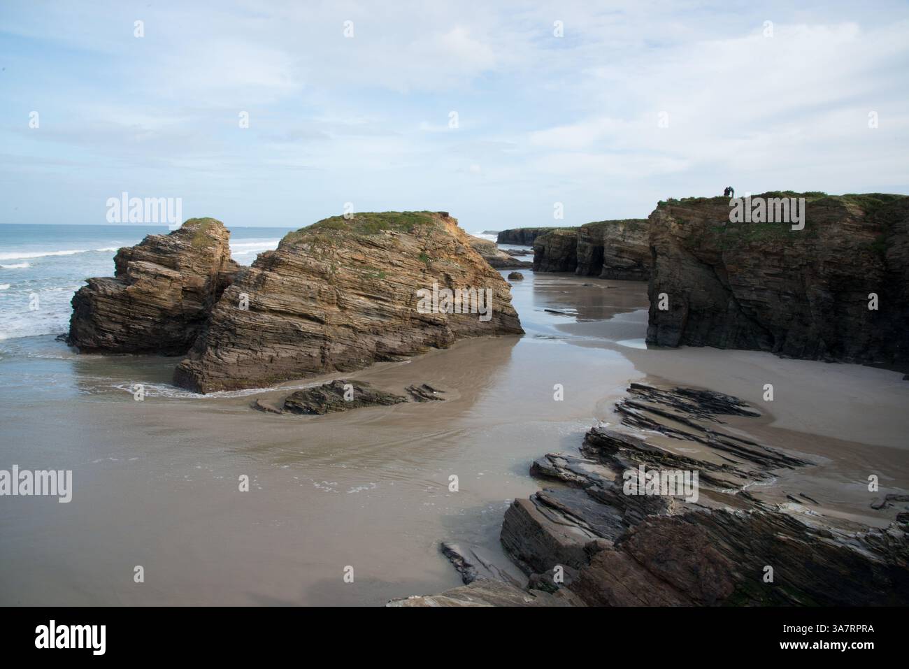 Beautiful aerial view of Las Catedrales beach, Lugo, Galicia, Spain. No ...