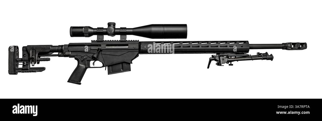 A high-precision sniper rifle with a scope, bipod, and adjustable stock ...