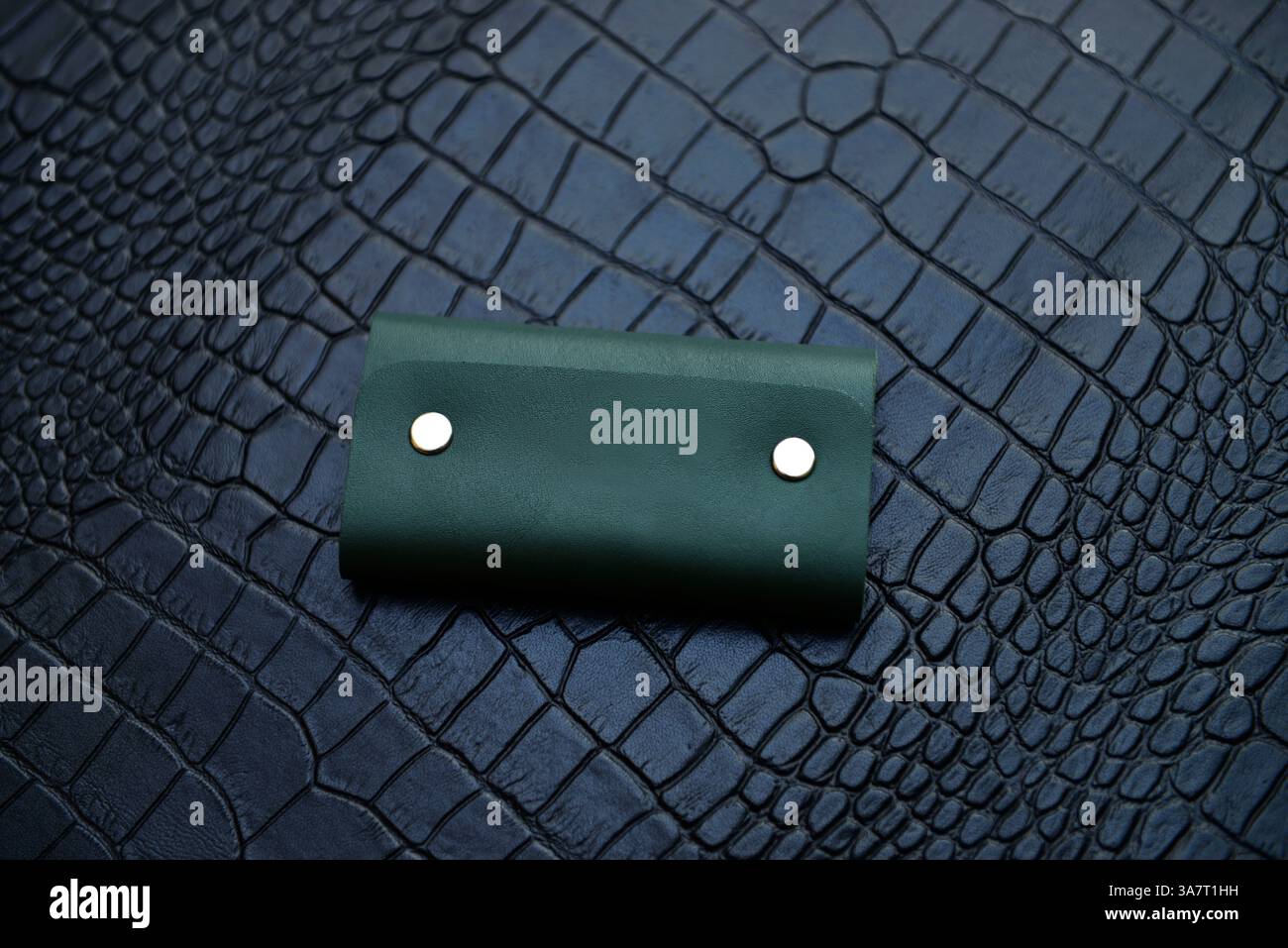 A green leather key holder, placed on a black color crocodile sheet ...