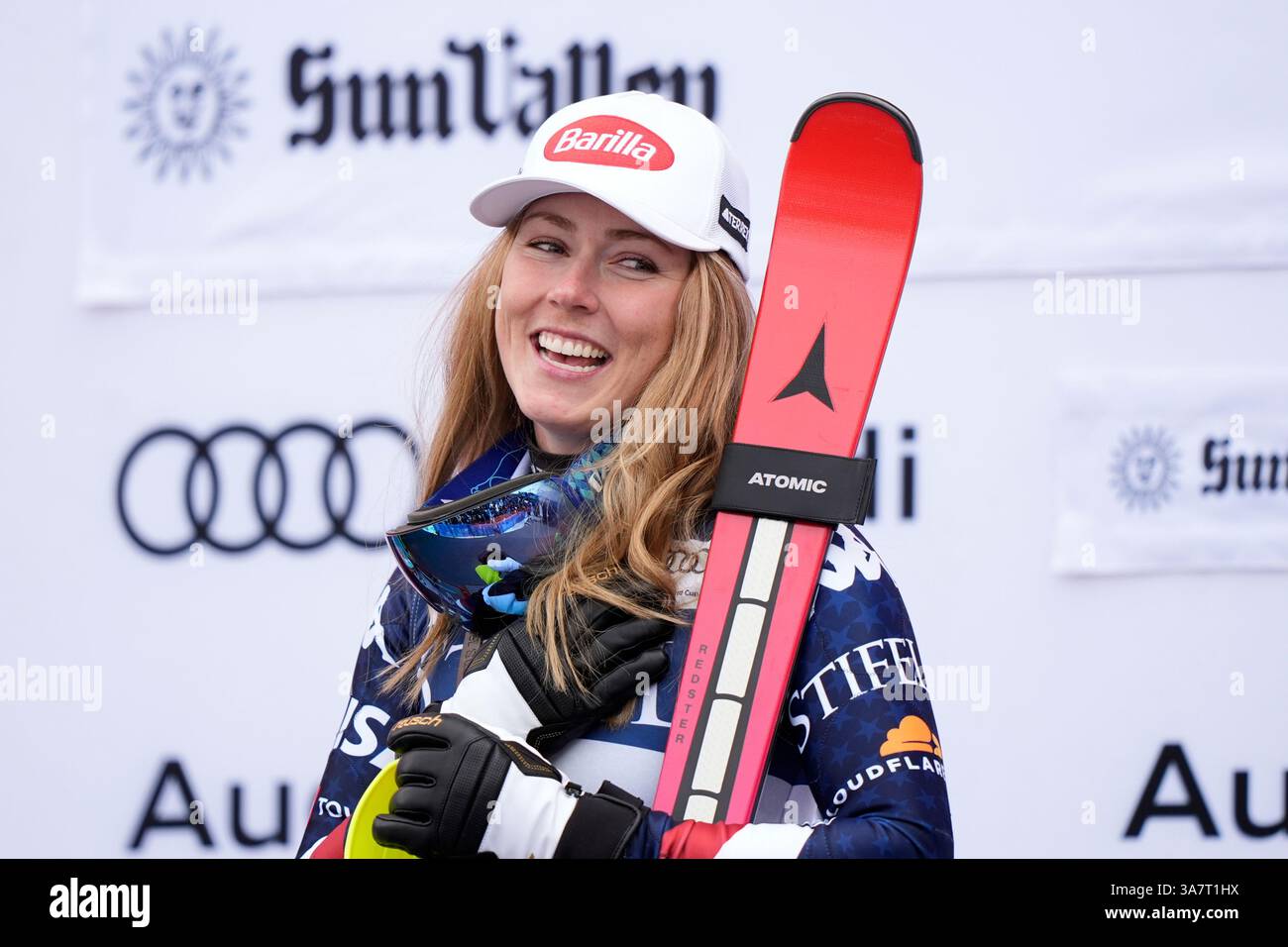 United States' Mikaela Shiffrin reacts on the podium after winning the ...