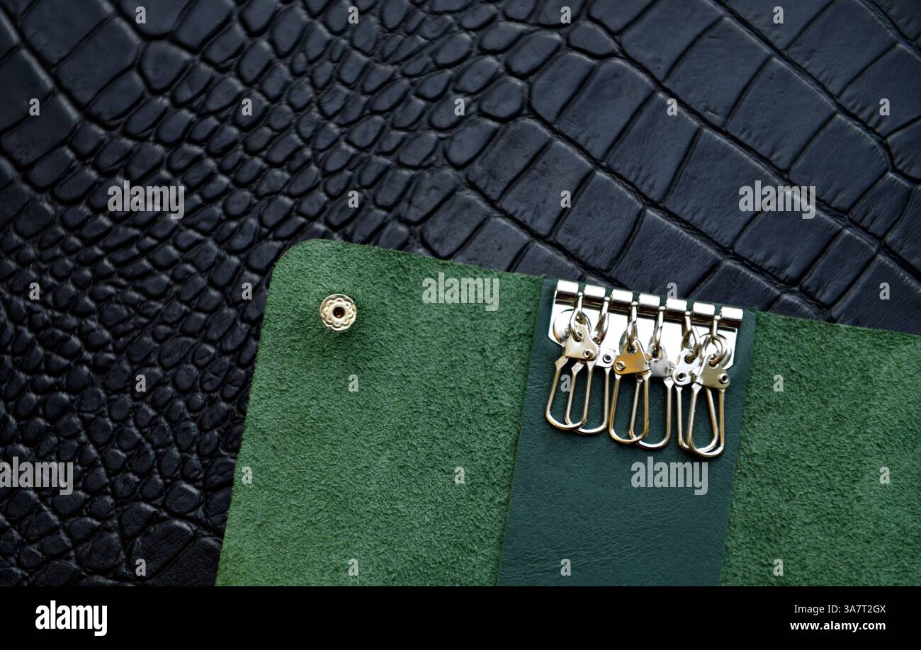 An open green leather key holder, placed on a black color crocodile ...