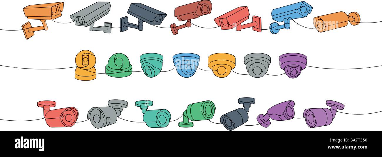 Surveillance cameras one line colored continuous drawing. Safety home ...