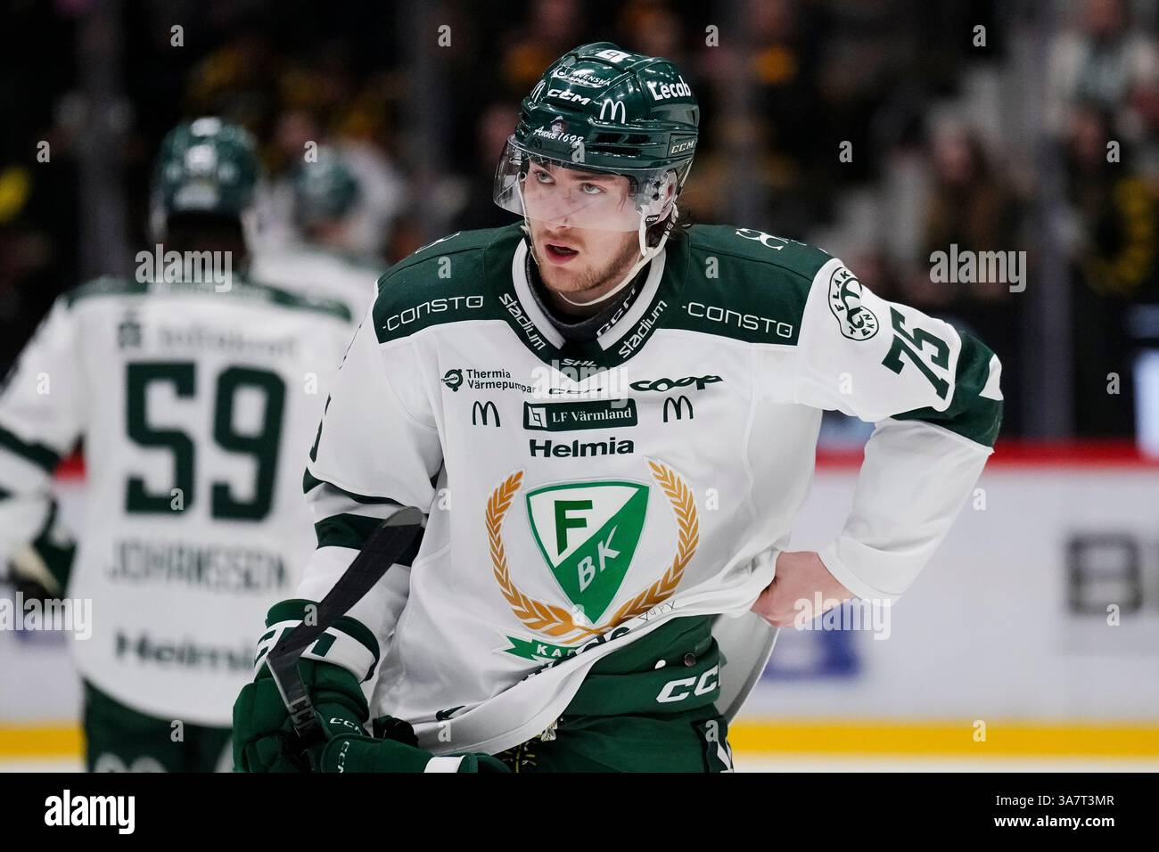 250327 Färjestads Jeremy Salvas Groleau under kvartsfinal fyra i SHL ...