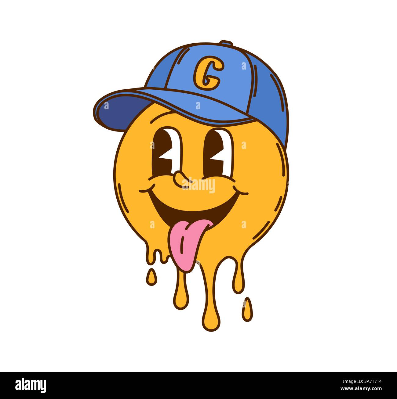 Cartoon groovy melt smile face character wears sport cap has a goofy ...