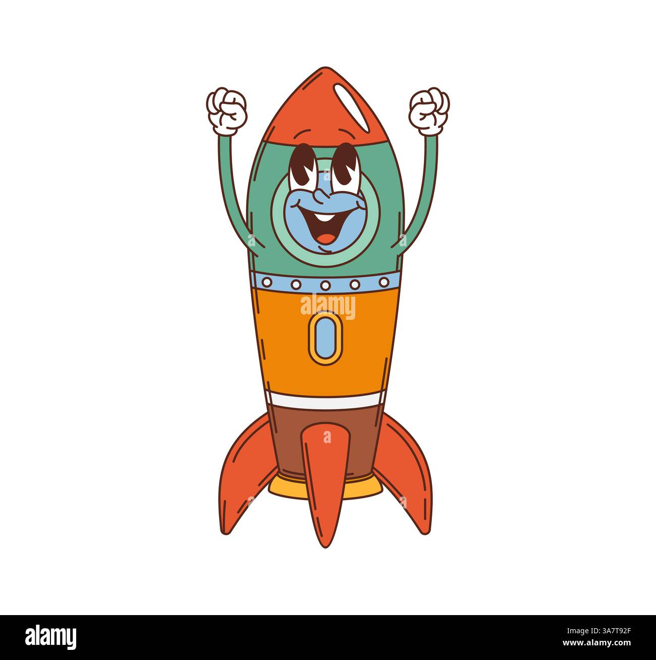 Retro cartoon groovy space rocket kids toy character with happy face ...