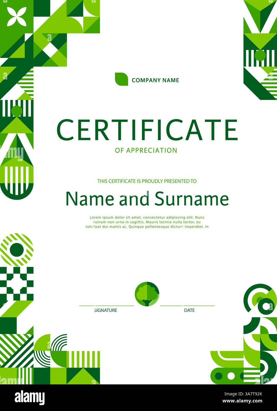Vertical ecology certificate template with green geometric shapes ...