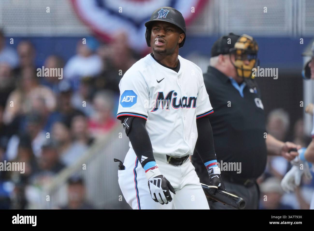 Miami Marlins shortstop Xavier Edwards reacts after striking out during ...