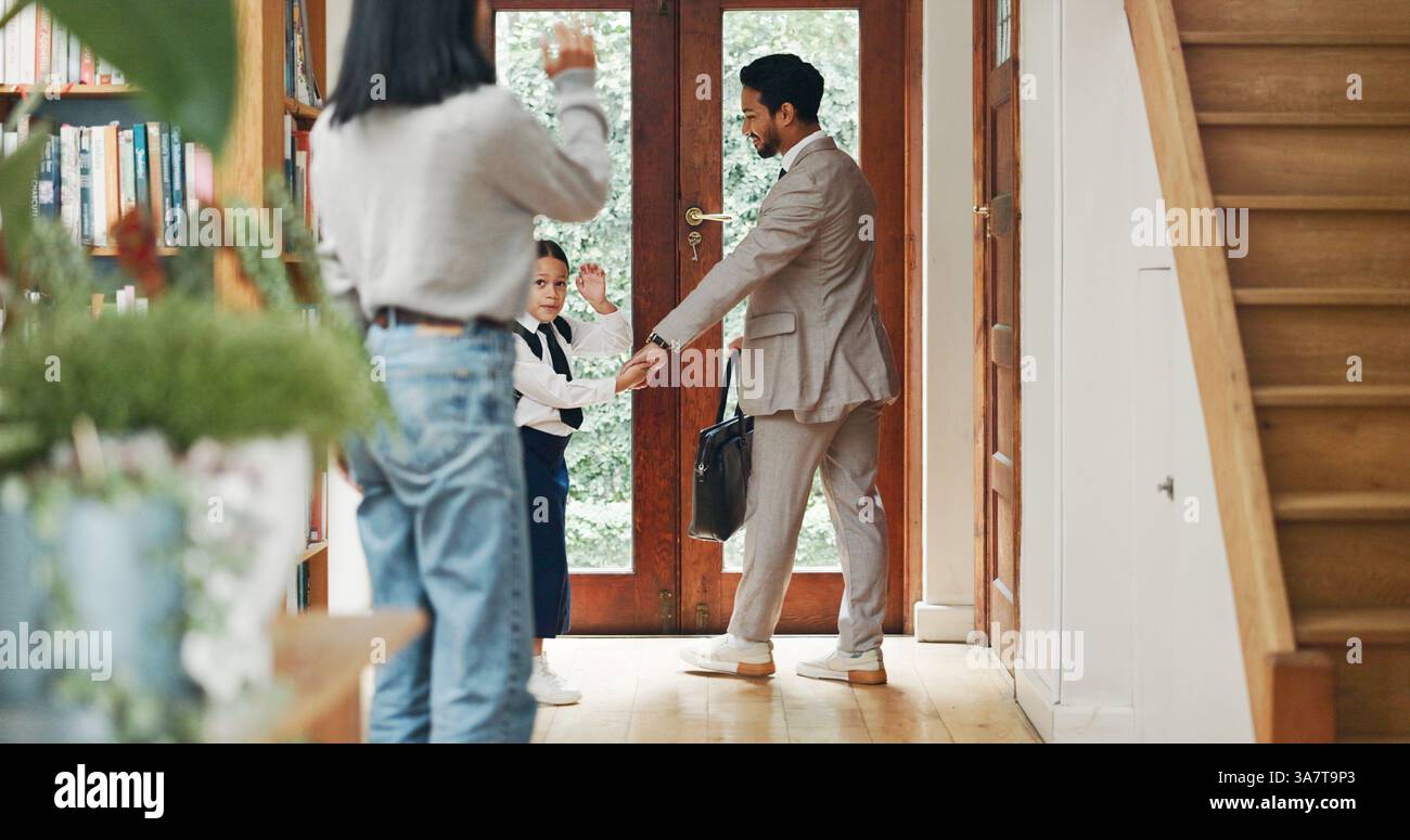 Home, father and child with mother for goodbye, waving and student ...