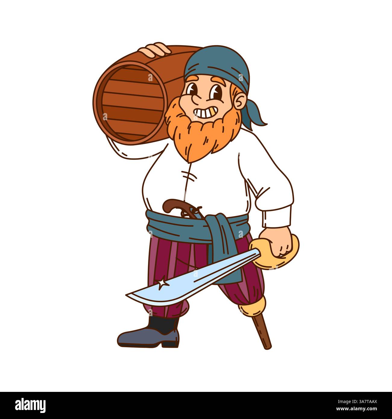 Retro cartoon groovy pirate and corsair character with a wooden leg, holding a sword and ...