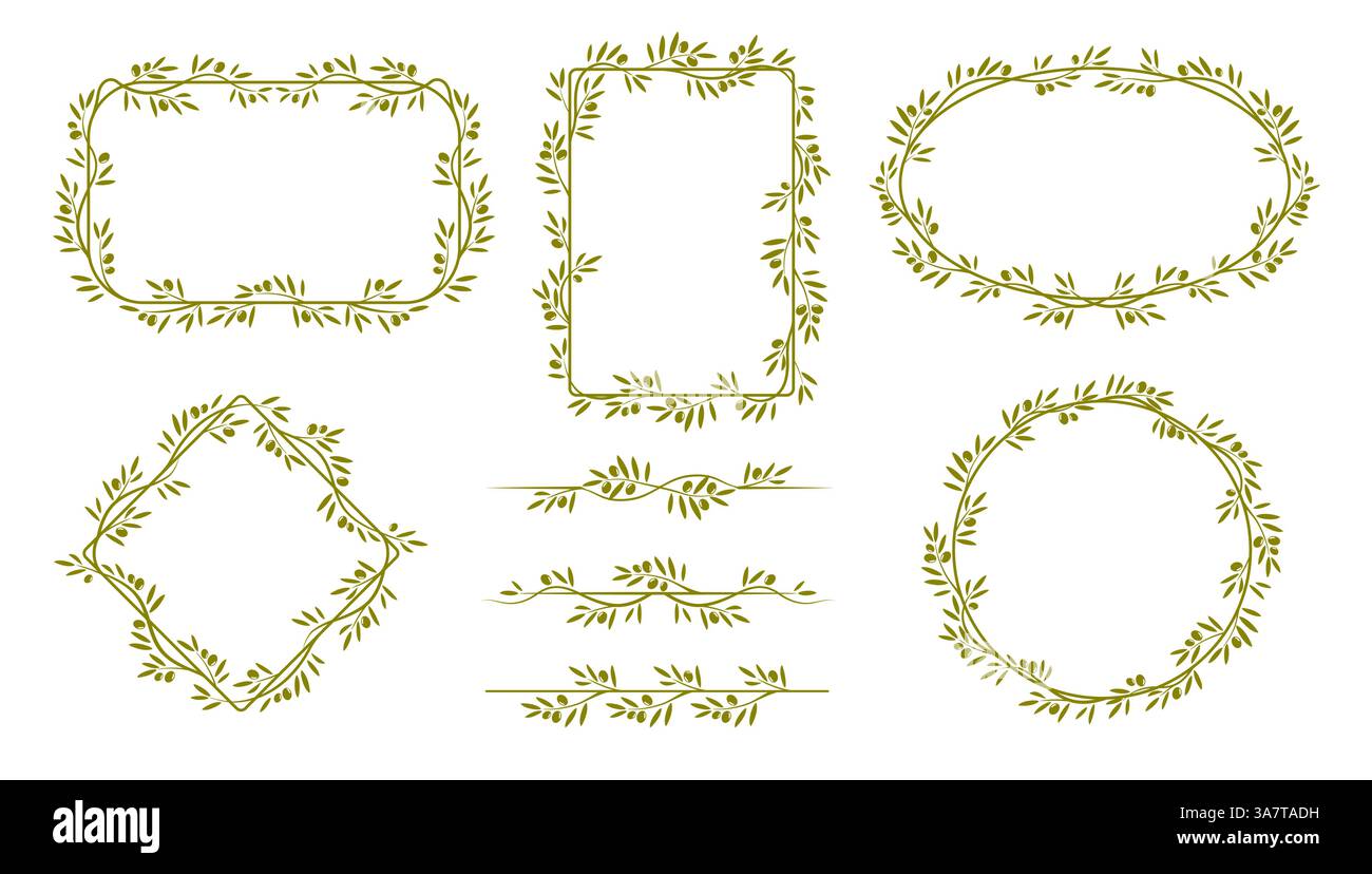 Green olive frames, dividers and borders of vector tree branches and ...