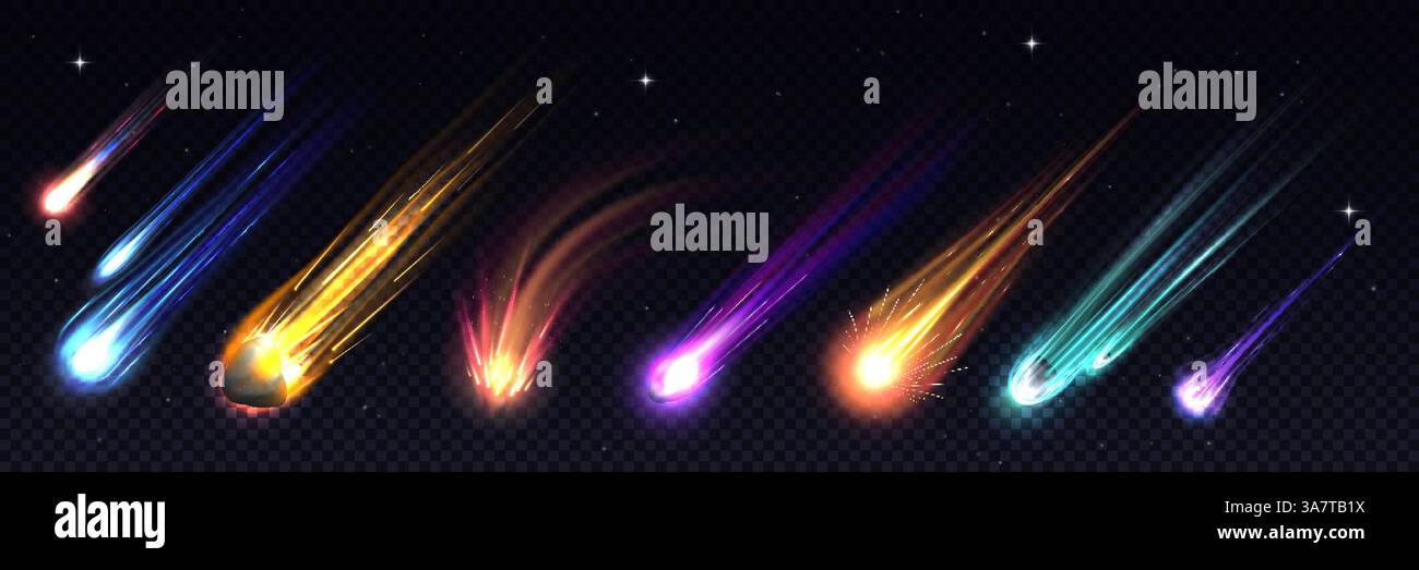 Realistic galaxy space comets, meteors and asteroids, vector 3d ...