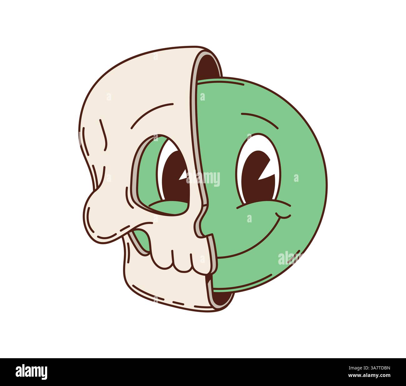 Cartoon groovy retro surreal smiling green face character partially ...