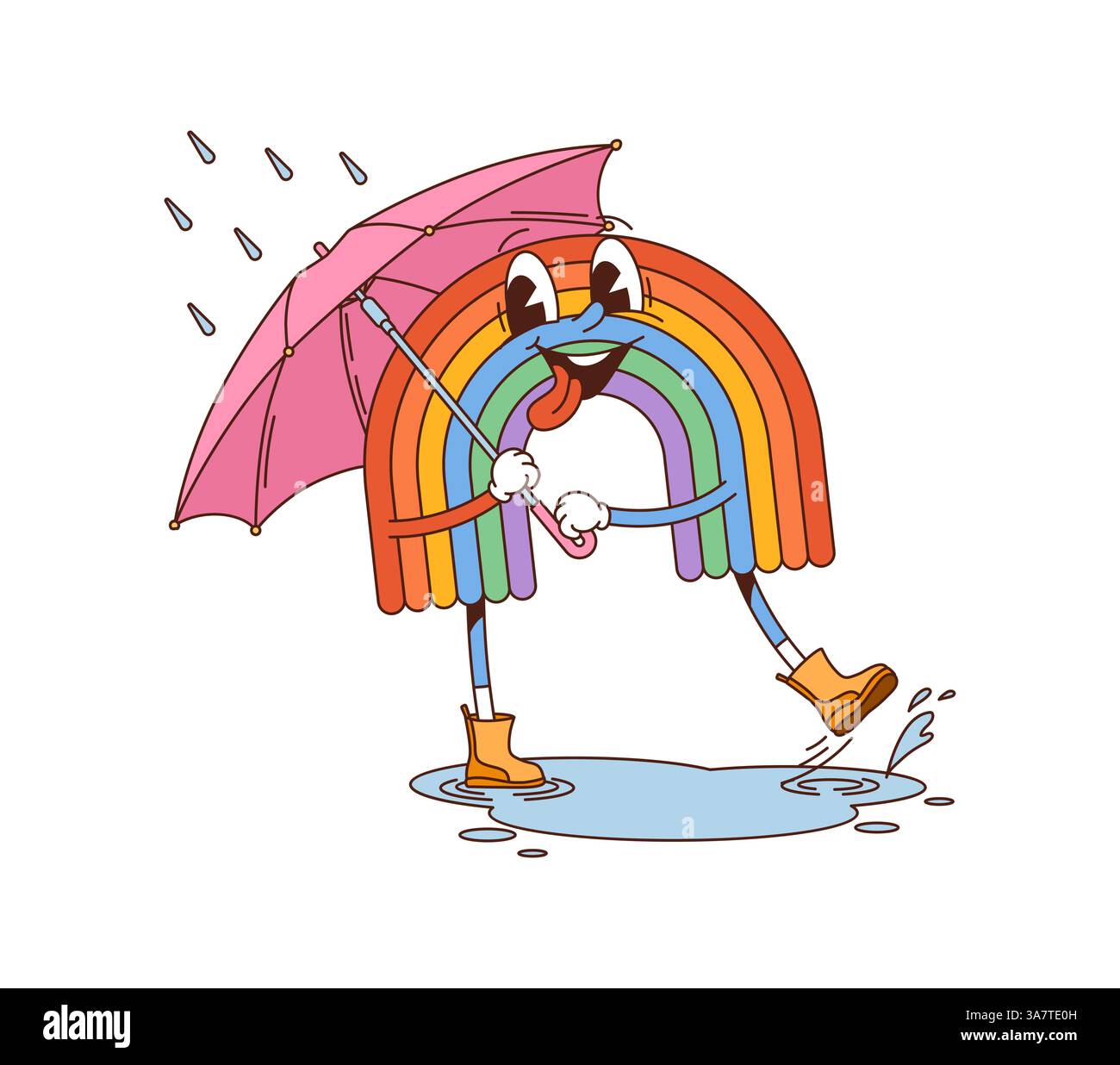 Cartoon groovy rainbow retro character in rubber boots holding an ...