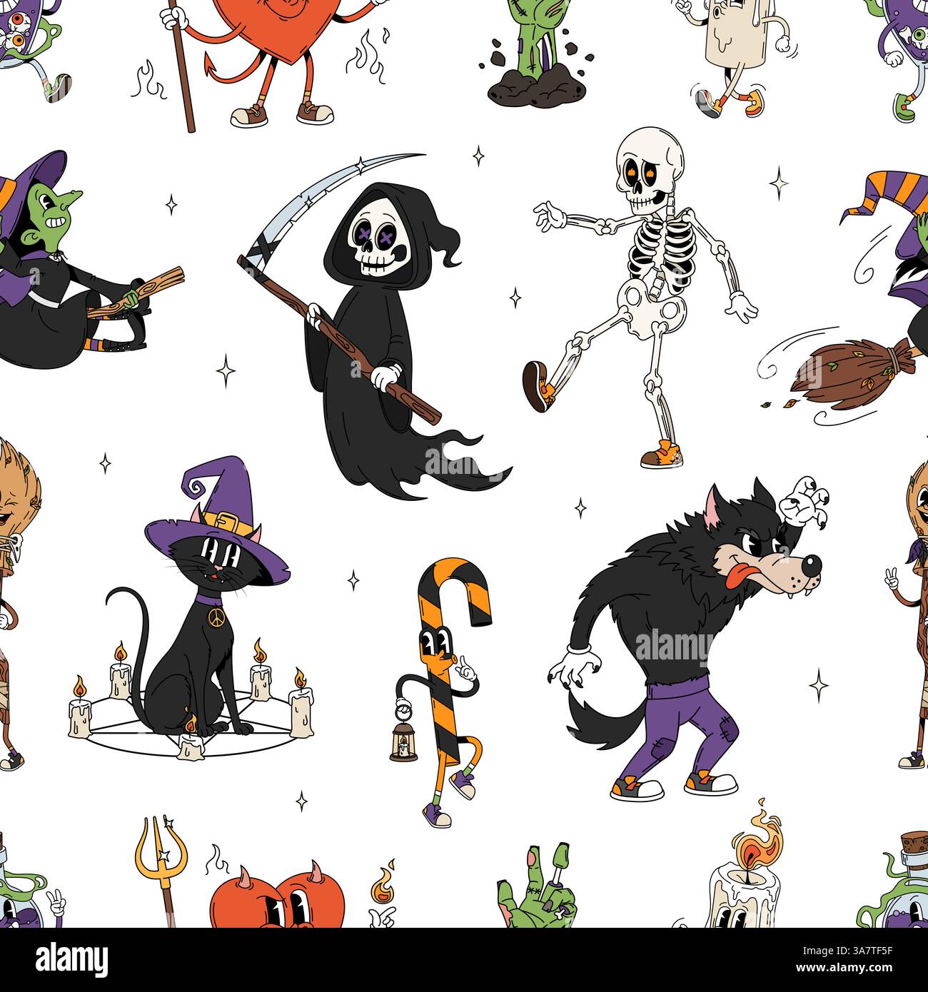 Cartoon groovy Halloween characters seamless pattern. Spooky and quirky ...