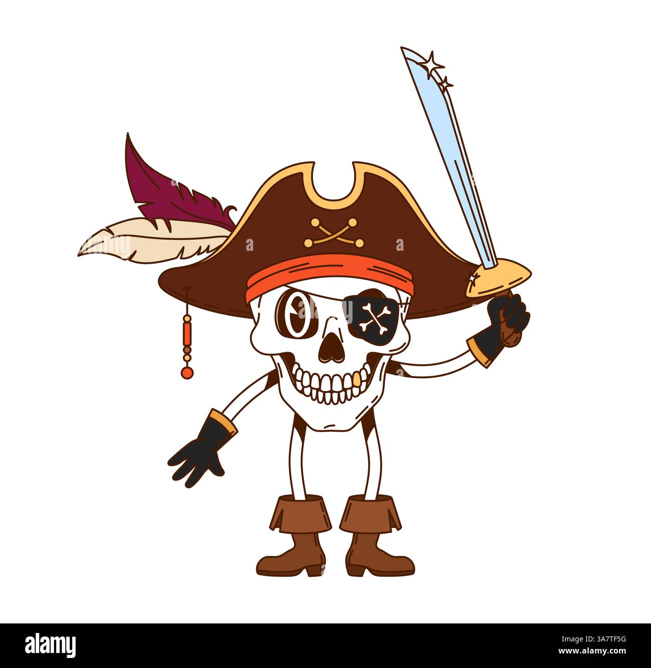Cartoon groovy skull pirate, corsair and captain character in cocked hat, grins menacingly ...