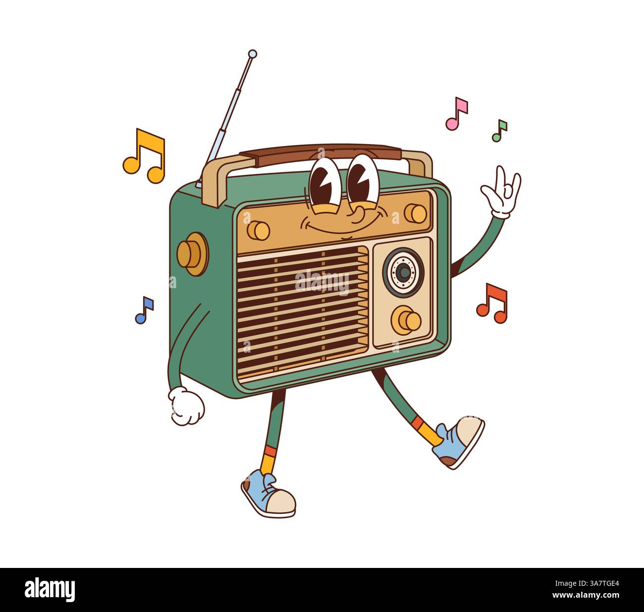Cartoon groovy retro radio receiver character. Isolated vector vintage ...