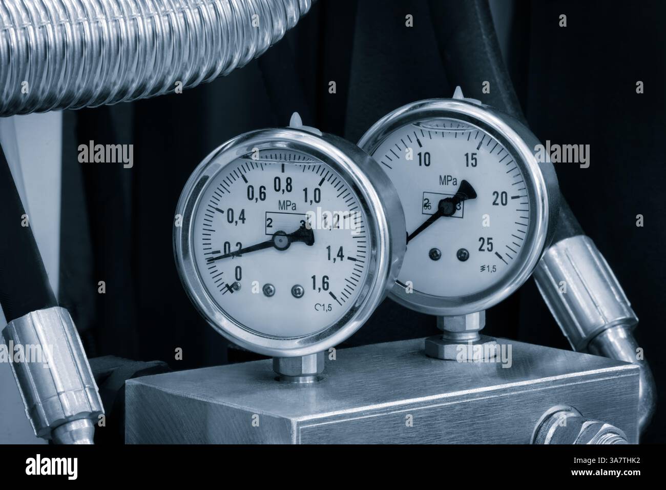 Two pressure gauges are on a metal box. The gauges are white and have ...