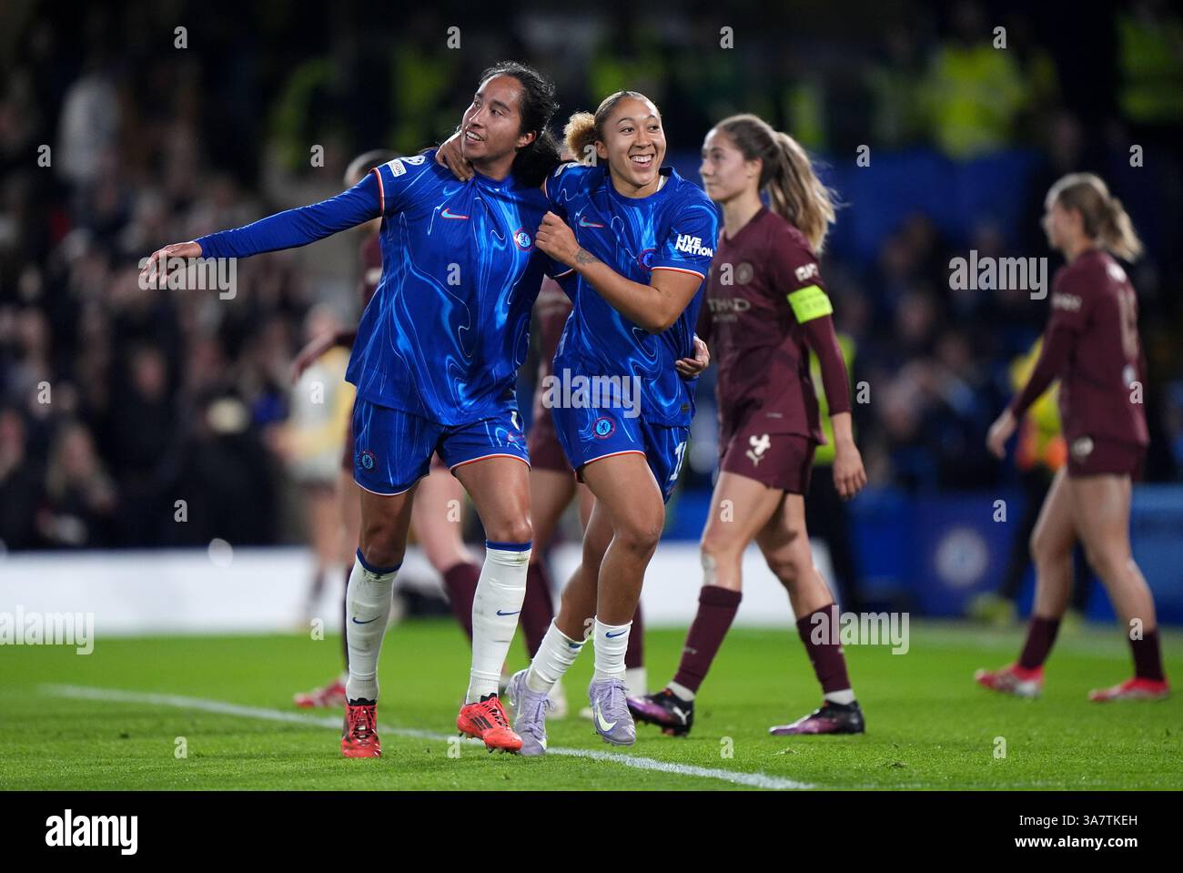 Chelsea's Mayra Ramirez (left) celebrates with Lauren James after ...
