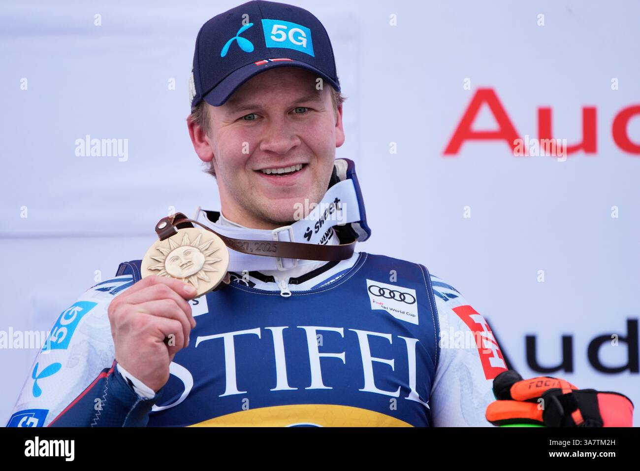 Norway's Timon Haugan poses after winning the men's slalom at the World ...