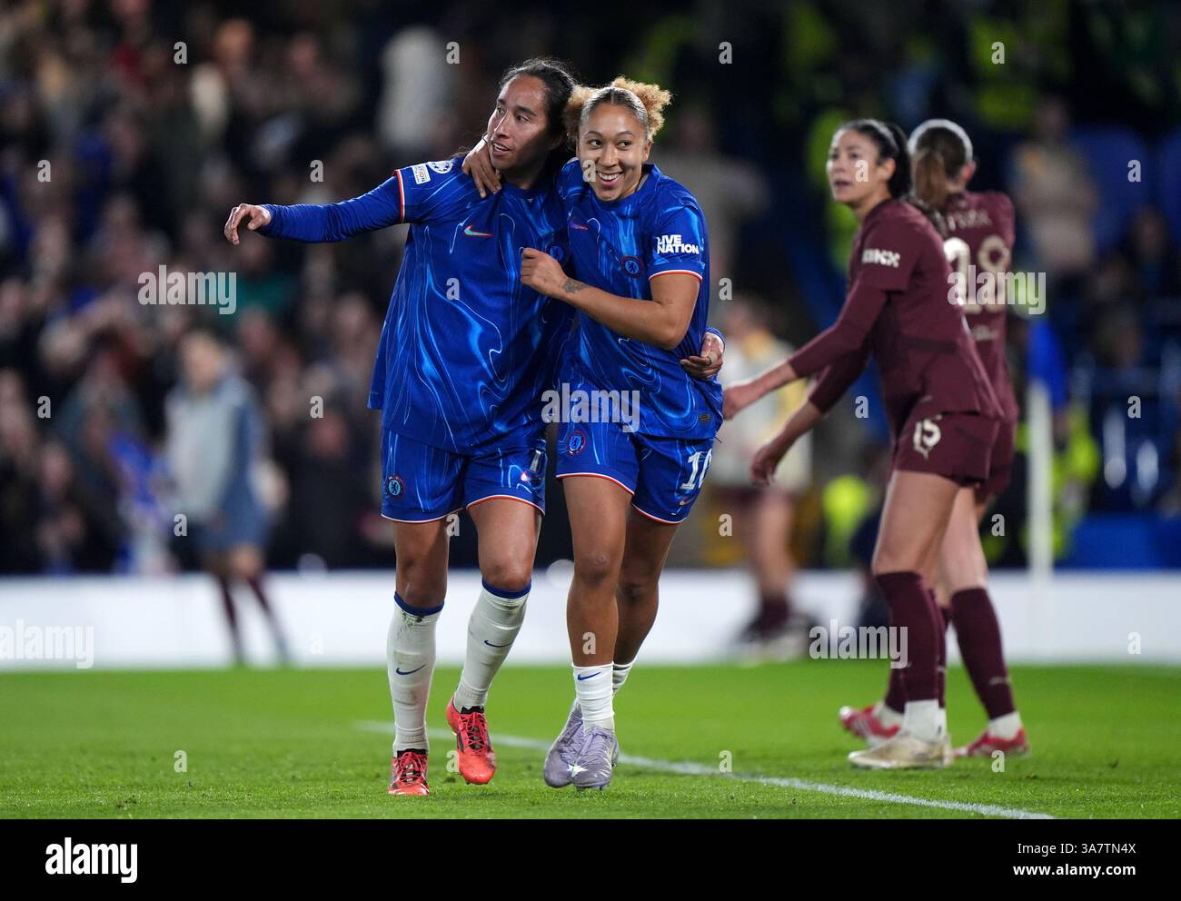 Chelsea's Mayra Ramirez (left) celebrates with Lauren James after ...