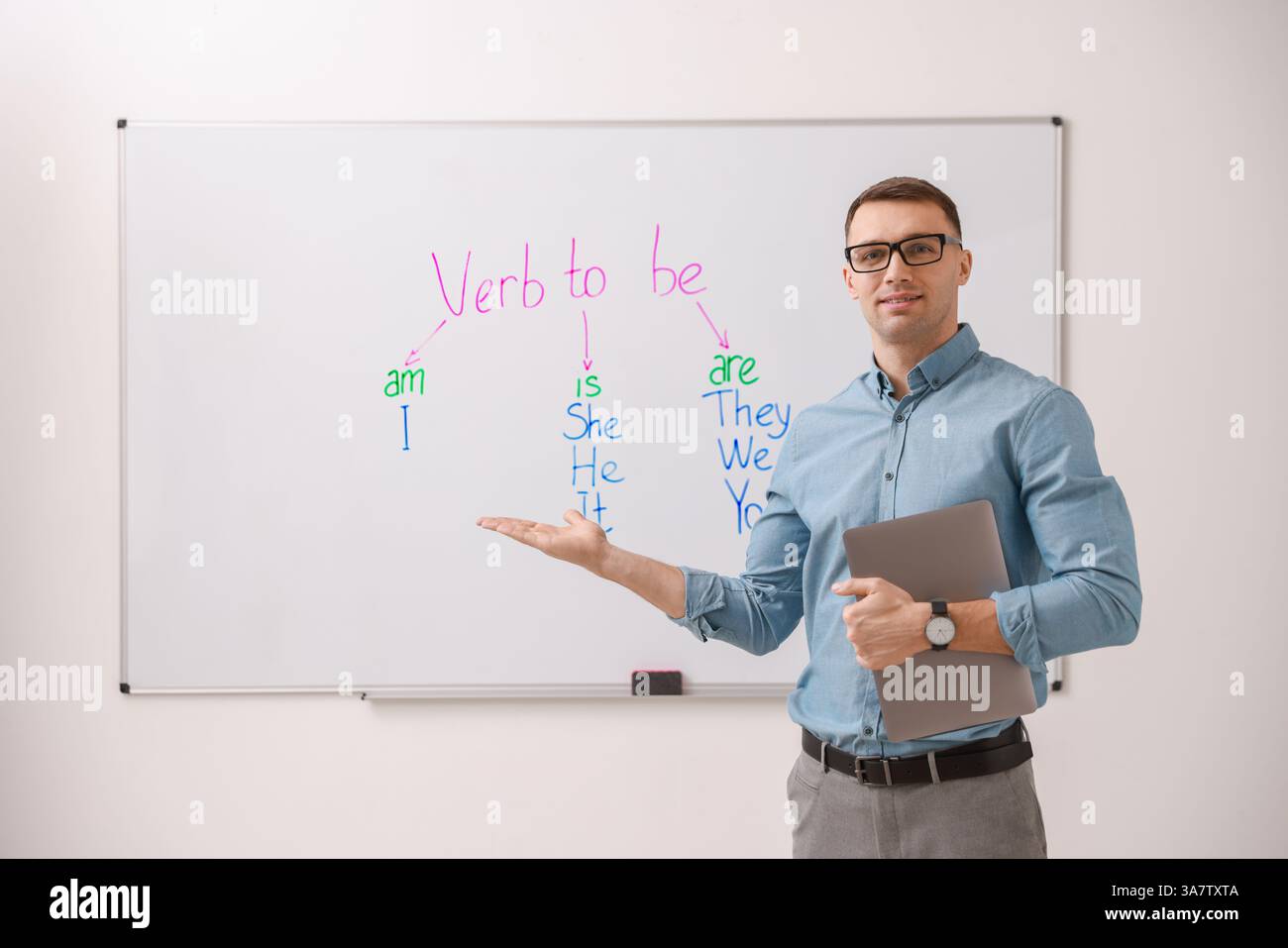 English teacher explaining verb to be at whiteboard in classroom Stock ...