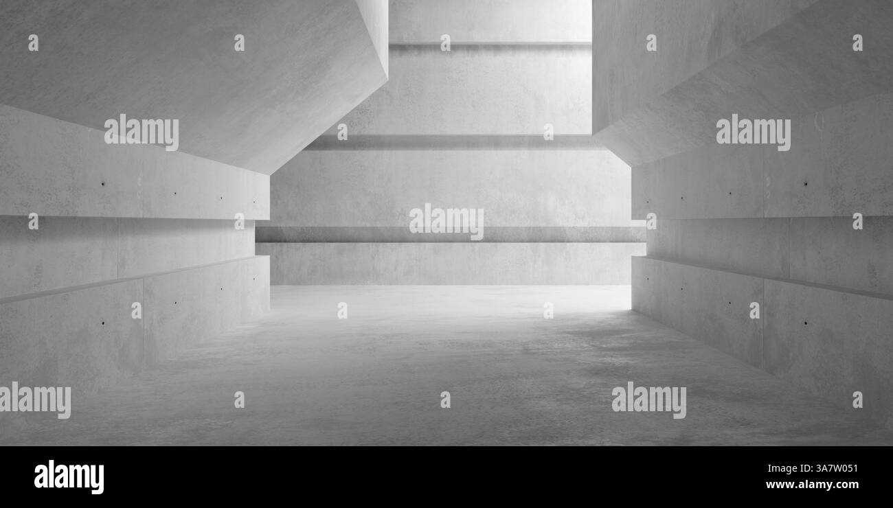 Abstract modern concrete room with angled and inset walls and rough ...