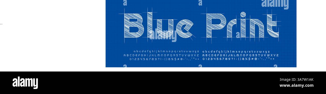 Digital blueprint font with hatching on project sketch grid. Technical ...