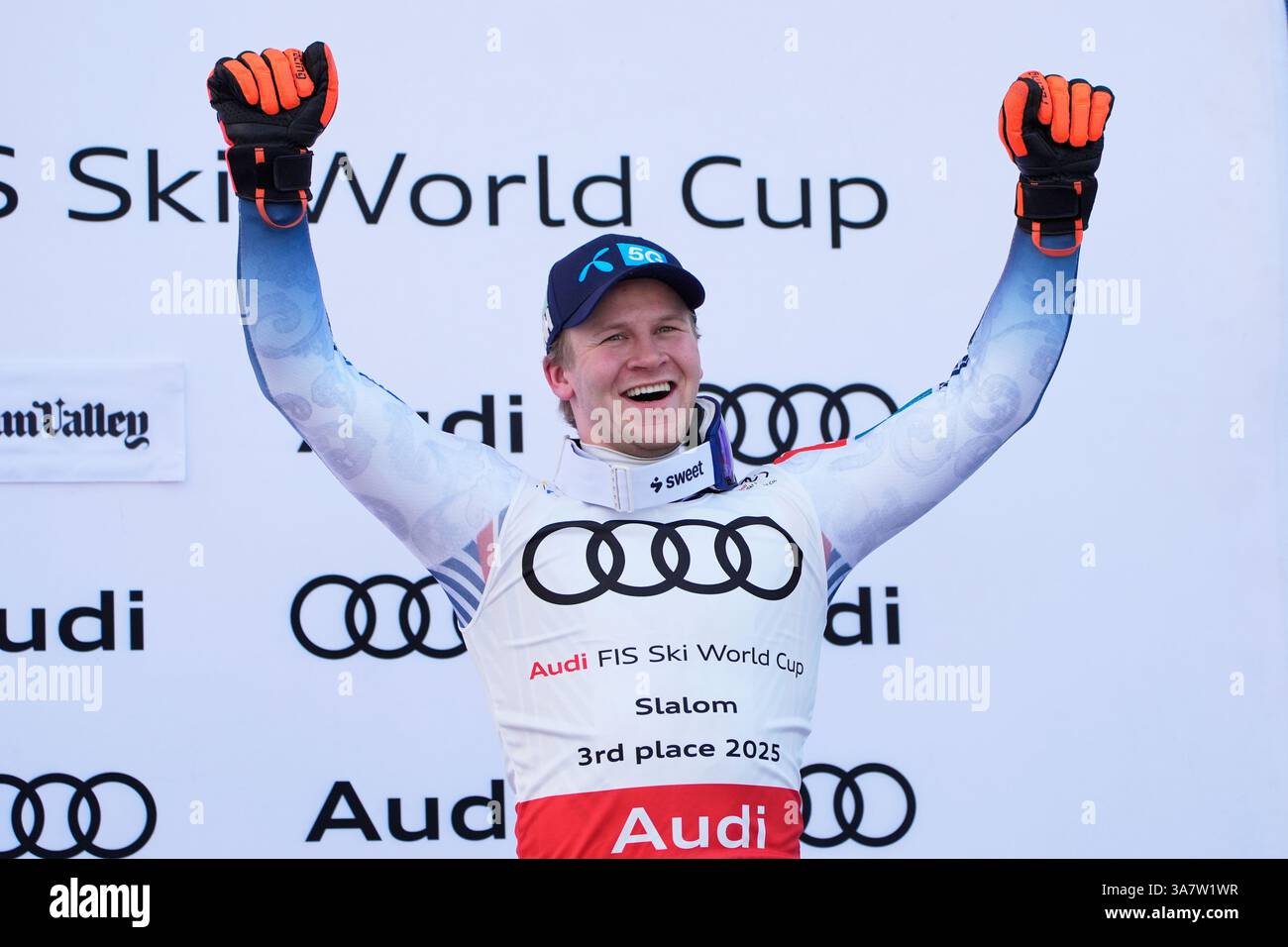 Norway's Timon Haugan reacts on the podium after finishing in third ...