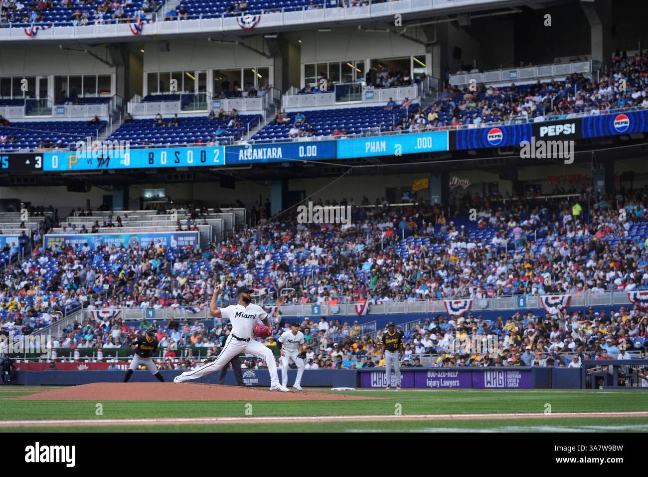 Miami Marlins pitcher Sandy Alcantara throws during the third inning of an opening-day baseball ...