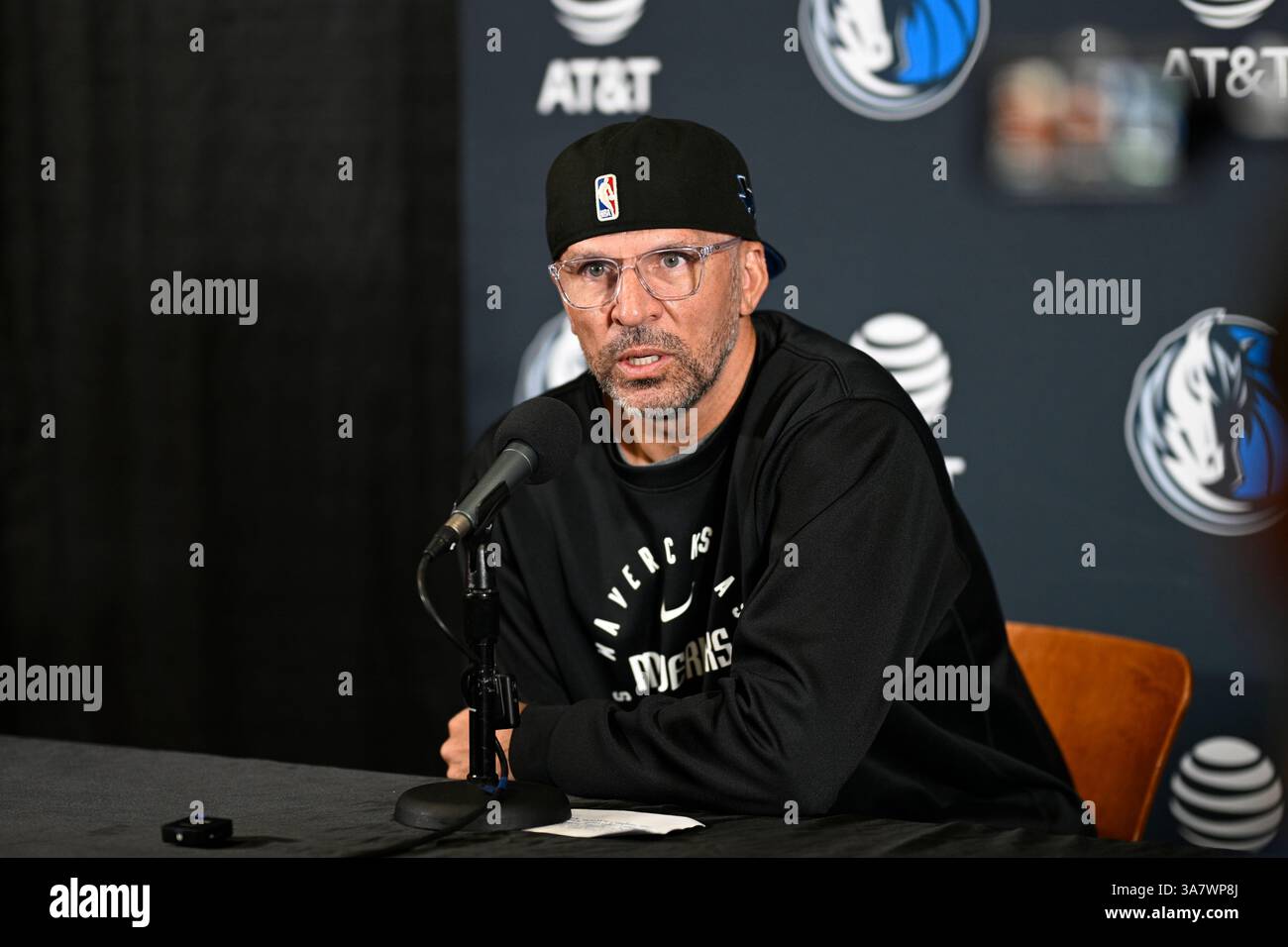Dallas Mavericks head coach Jason Kidd talks with reporters before an ...